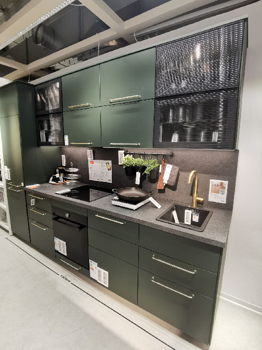 IKEA HAVSTORP Deep Green Kitchen with Brass Details and Glass Accents